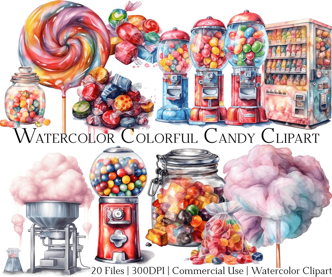 Watercolor Candy Clipart Set: Colorful Sweets, PNG & PDF (commercial ...