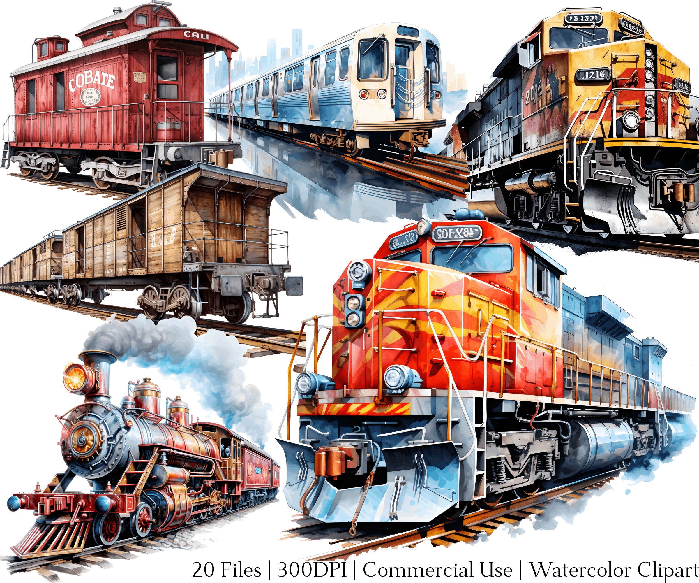 Watercolor Trains Clipart Set: Vintage Locomotive Graphics (PNG + PDF ...