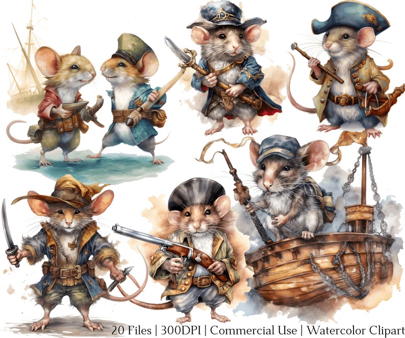 Watercolor Mouse Pirate Clipart: 20 PNG + PDF Files (commercial Use) - Etsy