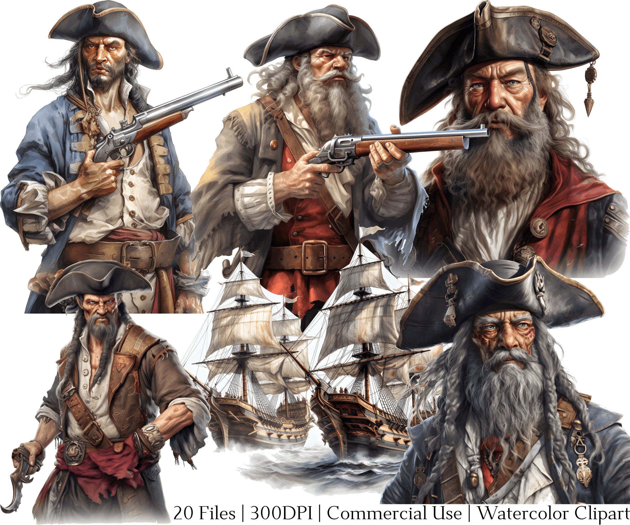 Watercolor Pirates Clipart Set of 20 Files With Instant Download ...
