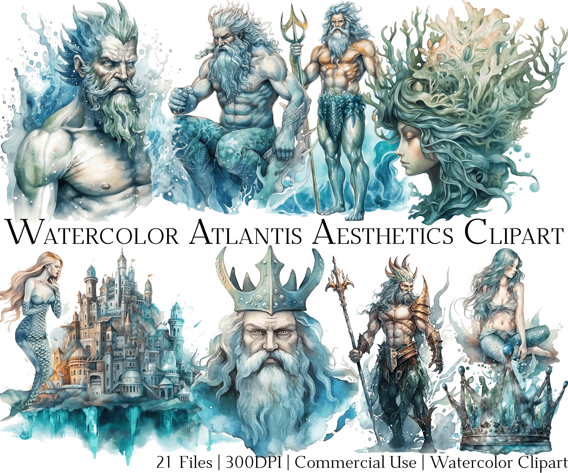 Watercolor Atlantis Aesthetics Clipart Set of 21 Files With Instant Download & Commercial Use ...