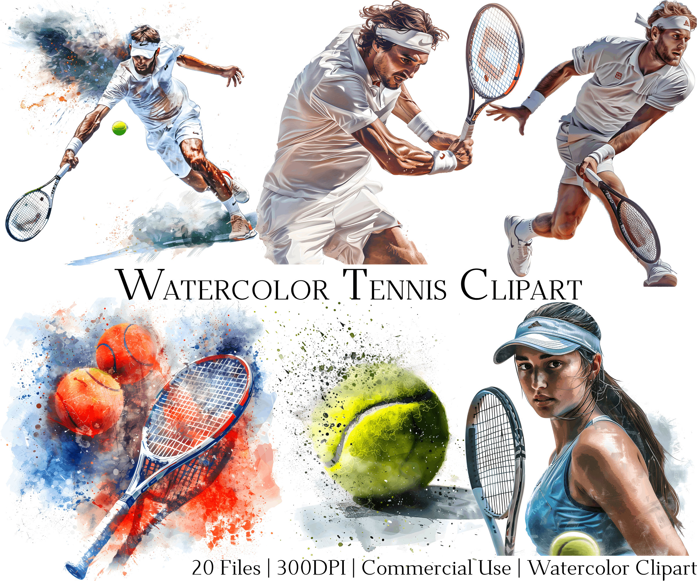 Watercolor Tennis Clipart Set of 20 Files With Instant Download ...