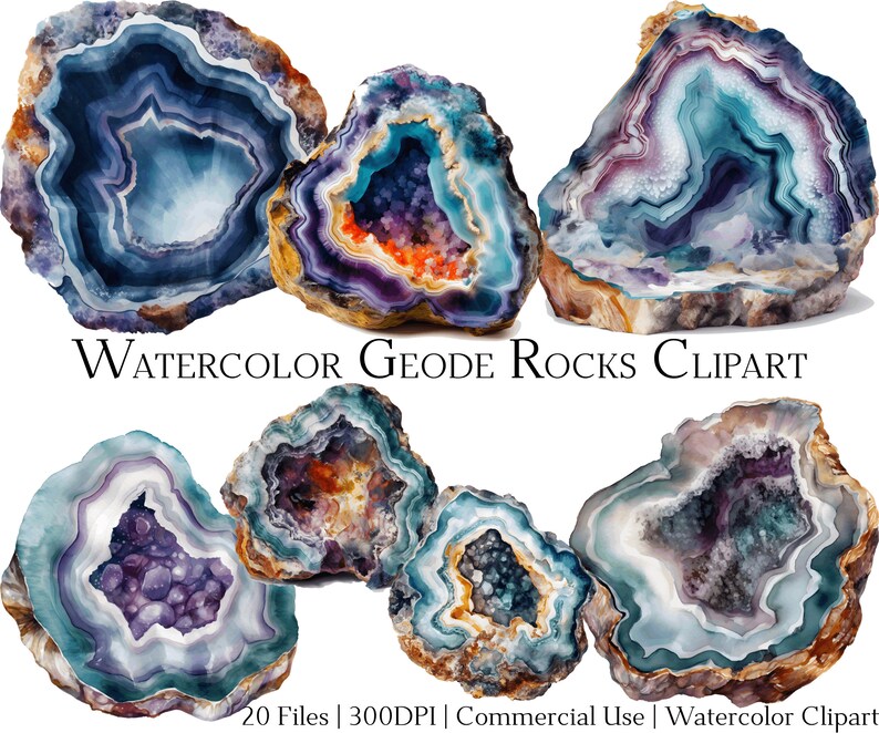 Watercolor Crystal Rock Geodes Clipart Set of 20 Files With Instant ...