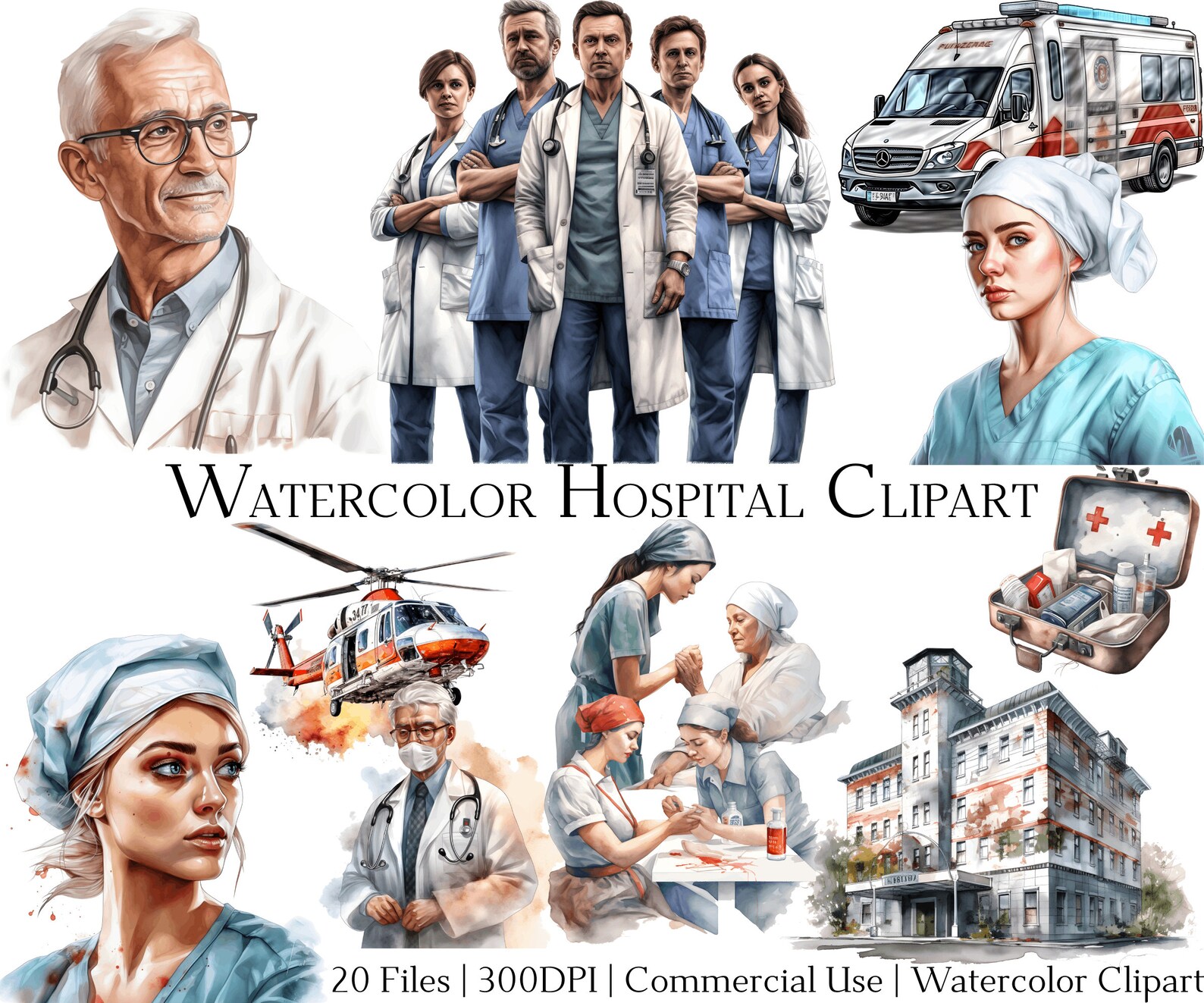 Watercolor Hospital Clipart Set of 20 Files With Instant Download ...