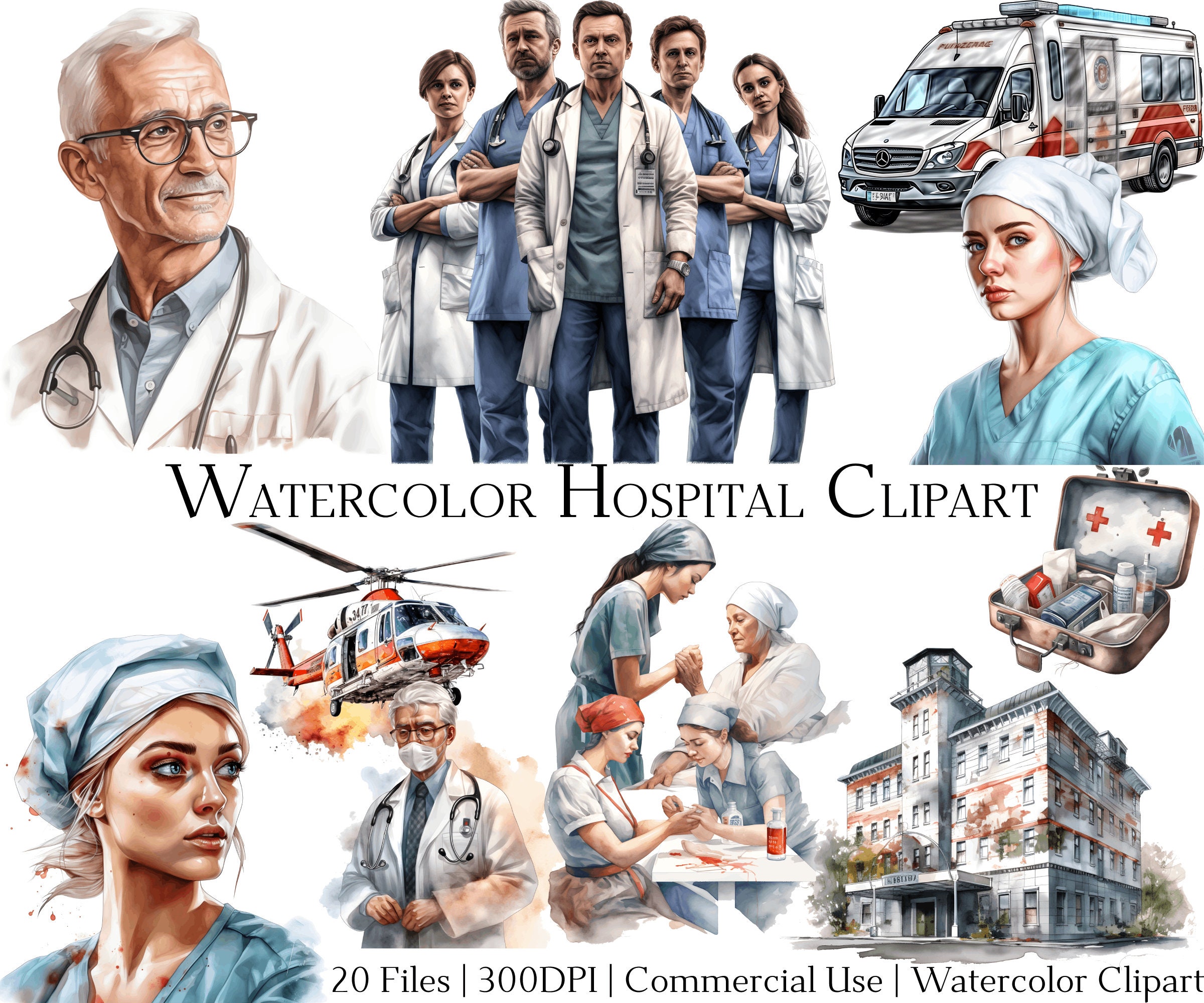 Watercolor Hospital Clipart Set of 20 Files With Instant Download ...