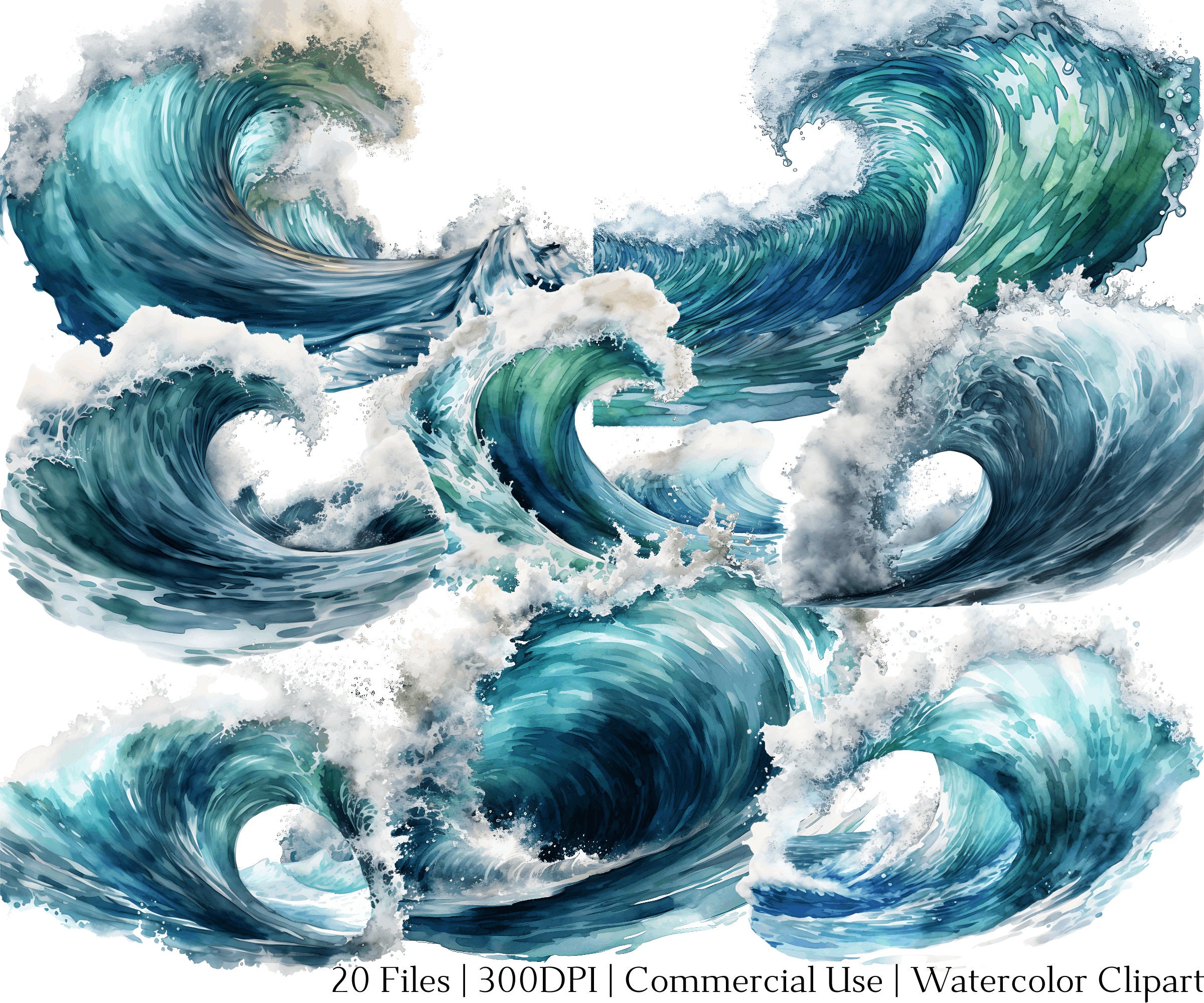 Watercolor Ocean Waves Clipart Set of 20 Files With Instant Download ...