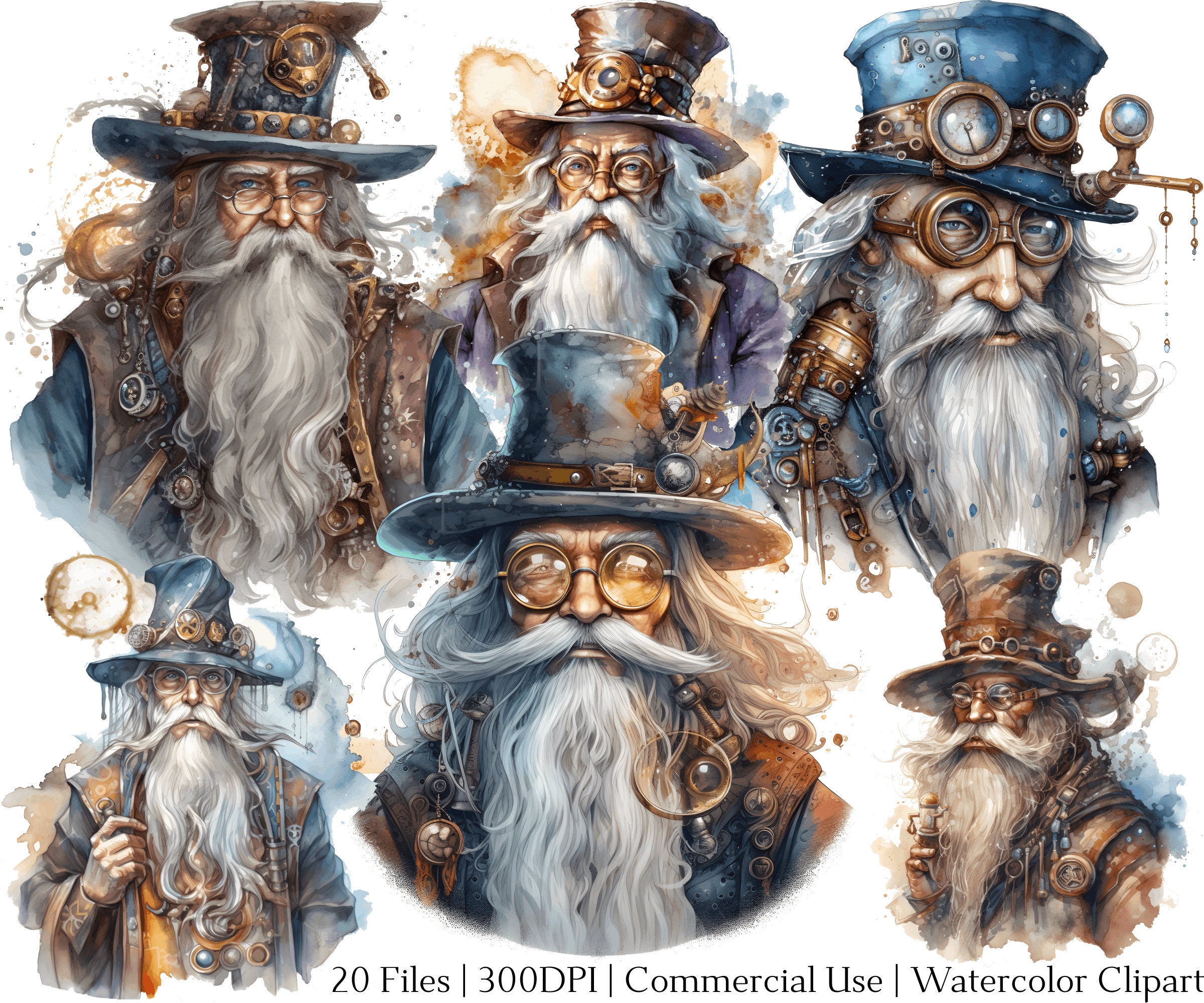 Watercolor Steampunk Wizards Clipart Set of 20 Files With Instant ...