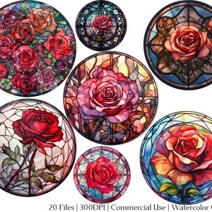 Watercolor Stained Glass Rose Clipart Set: Gothic Floral Art (PNG + PDF ...