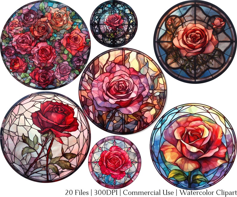 Watercolor Stained Glass Rose Clipart Set of 20 Files With - Etsy