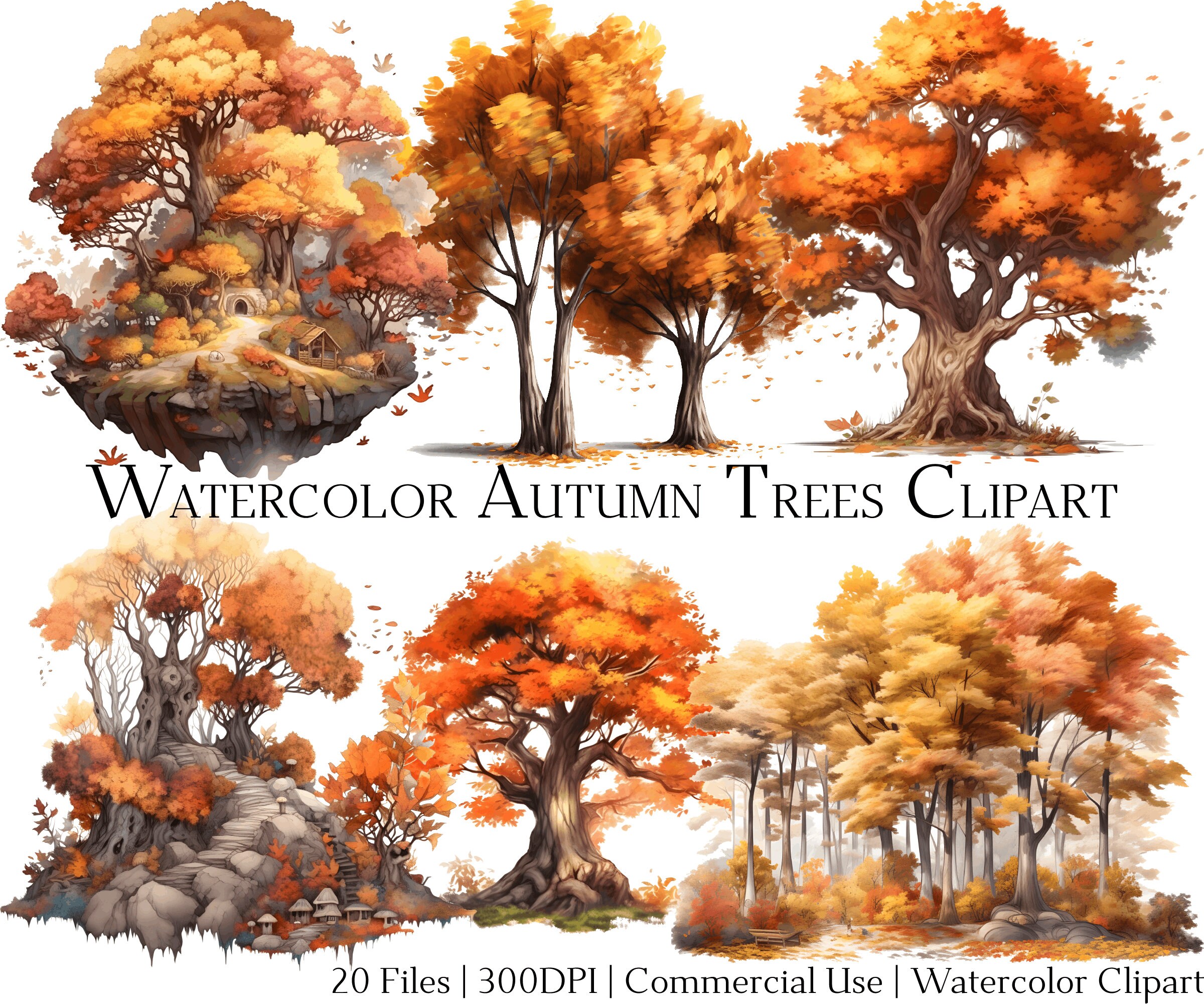 Watercolor Autumn Trees Clipart Set of 20 Files With Instant - Etsy