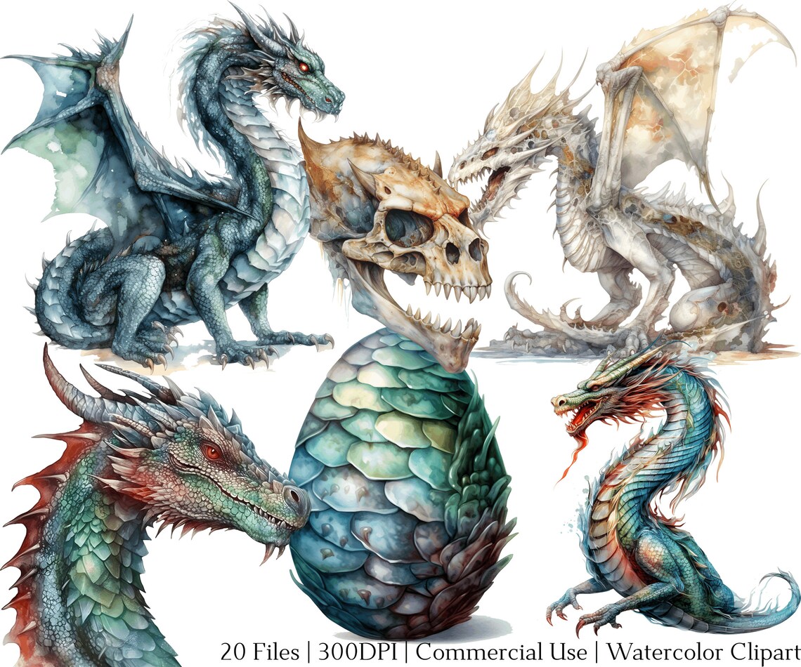 Watercolor Fantasy Dragon Clipart Set of 20 Files With Instant Download ...