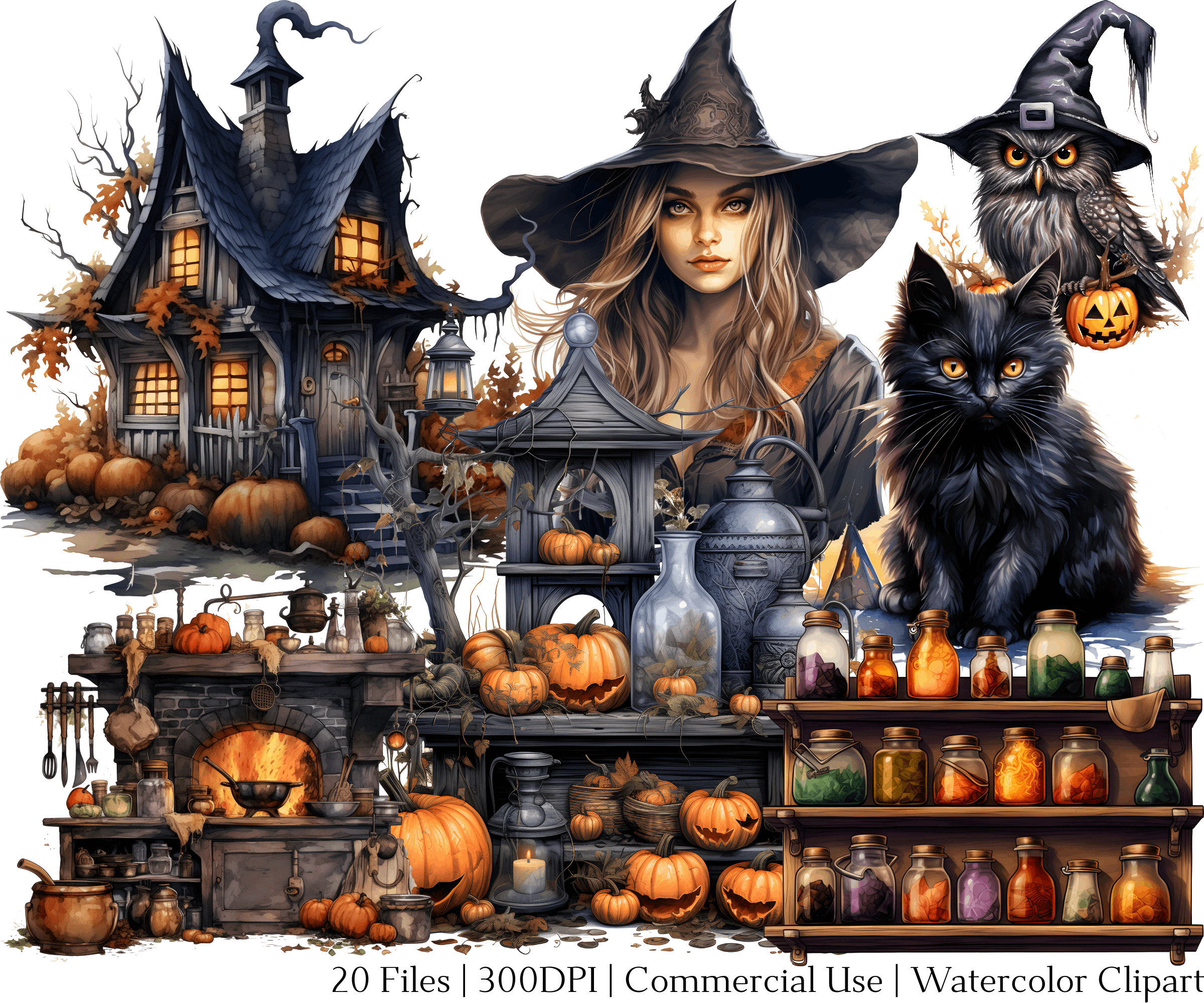 Watercolor Halloween Witches Clipart Set: PNG & PDF (20 Files) - Etsy