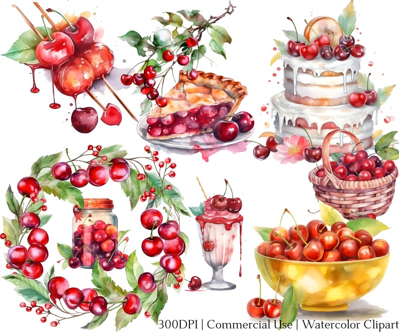 Watercolor Cherry Clipart Set: Food & Dessert Designs (PNG + PDF ...