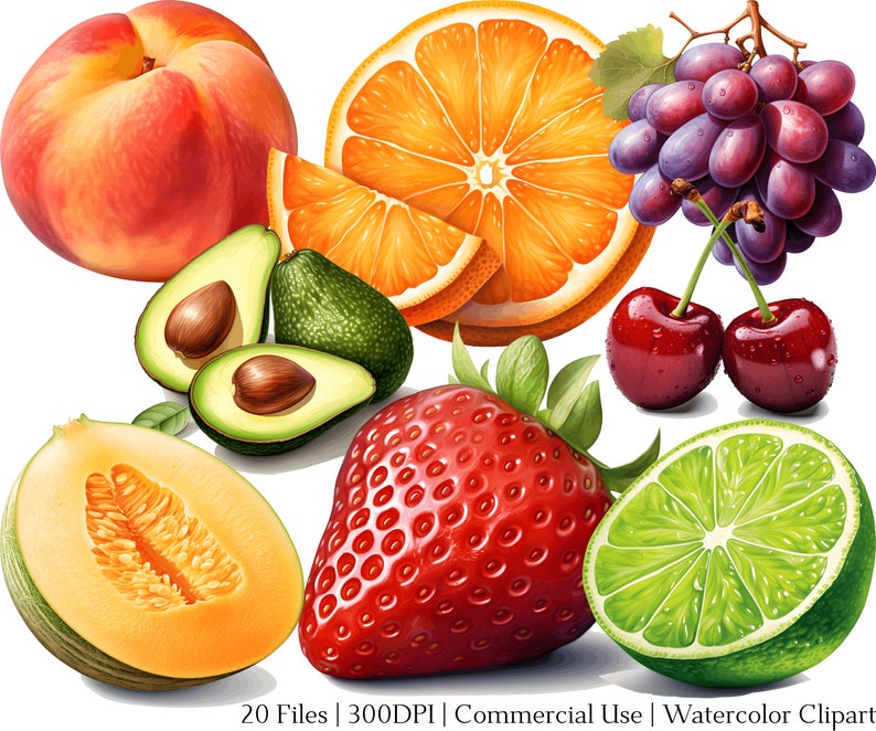 Watercolor Fruits Clipart Set of 20 Files With Instant Download ...