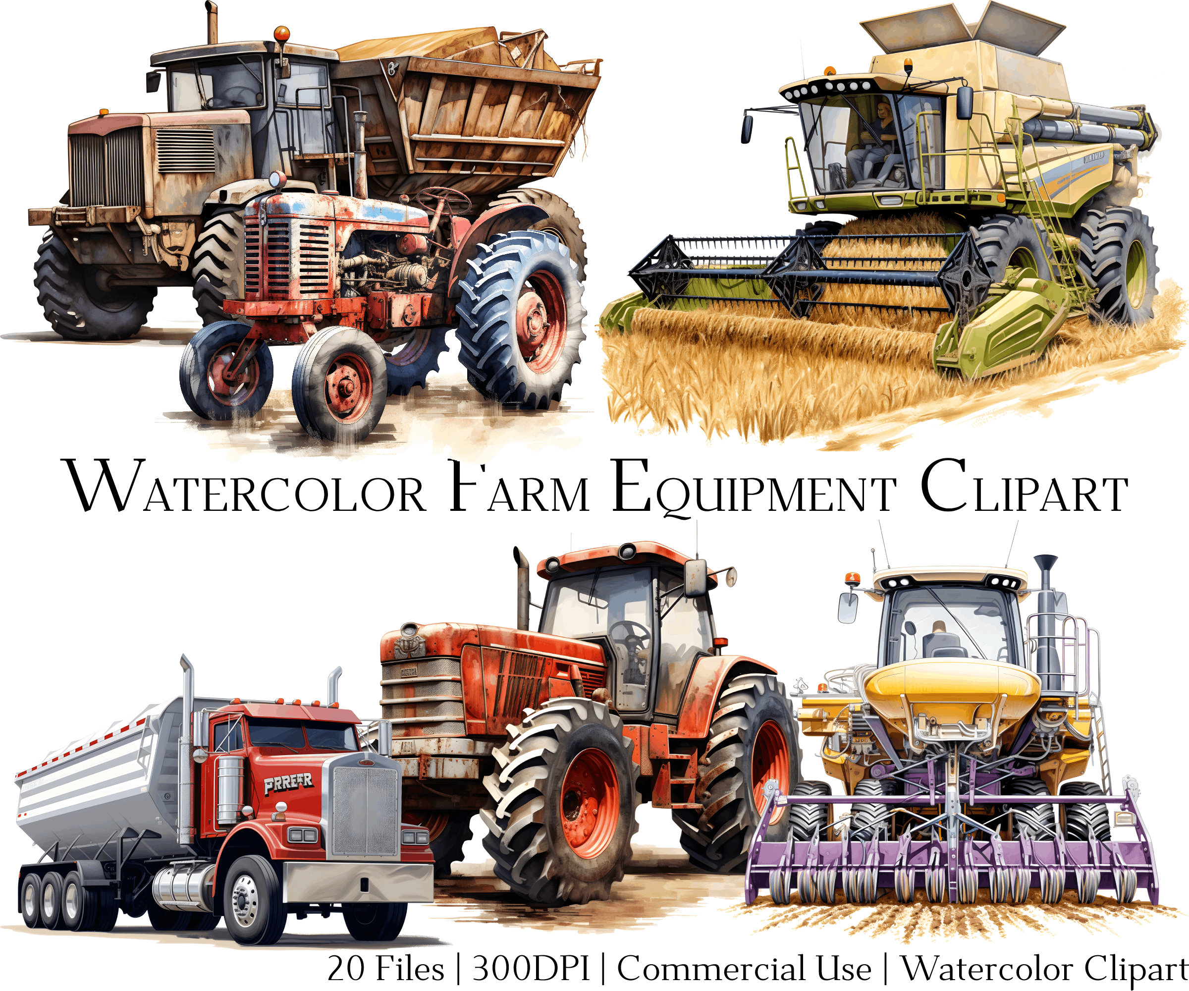Watercolor Farm Equipment Clipart Set of 20 Files With Instant Download ...