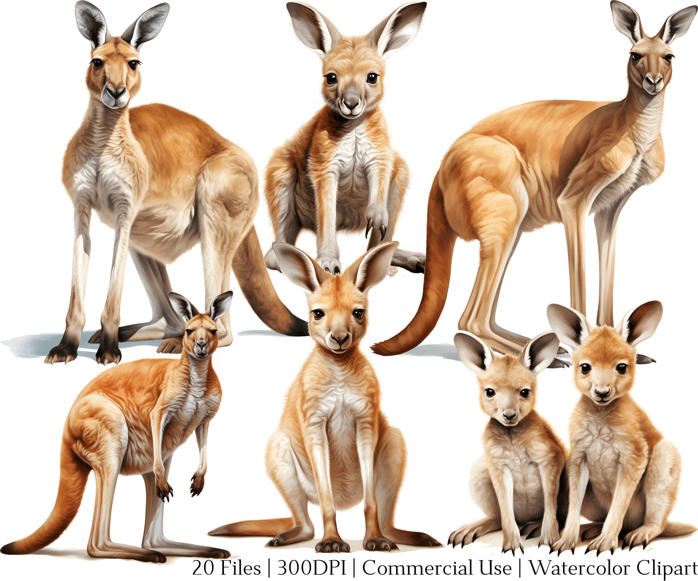 Watercolor Kangaroo Clipart Set: Australian Wildlife (PNG + PDF, 20 ...