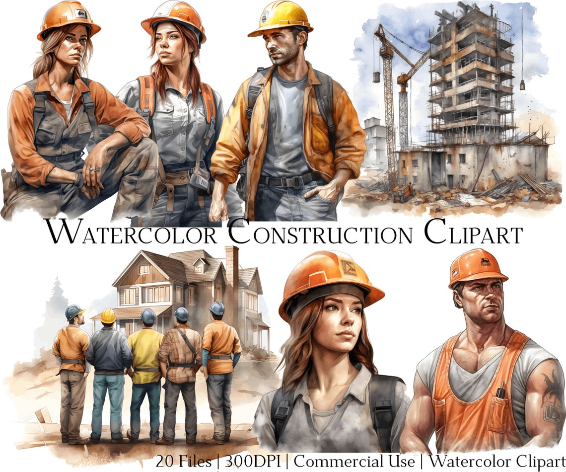 Watercolor Construction Clipart Set: Building & Worker Graphics (PNG ...