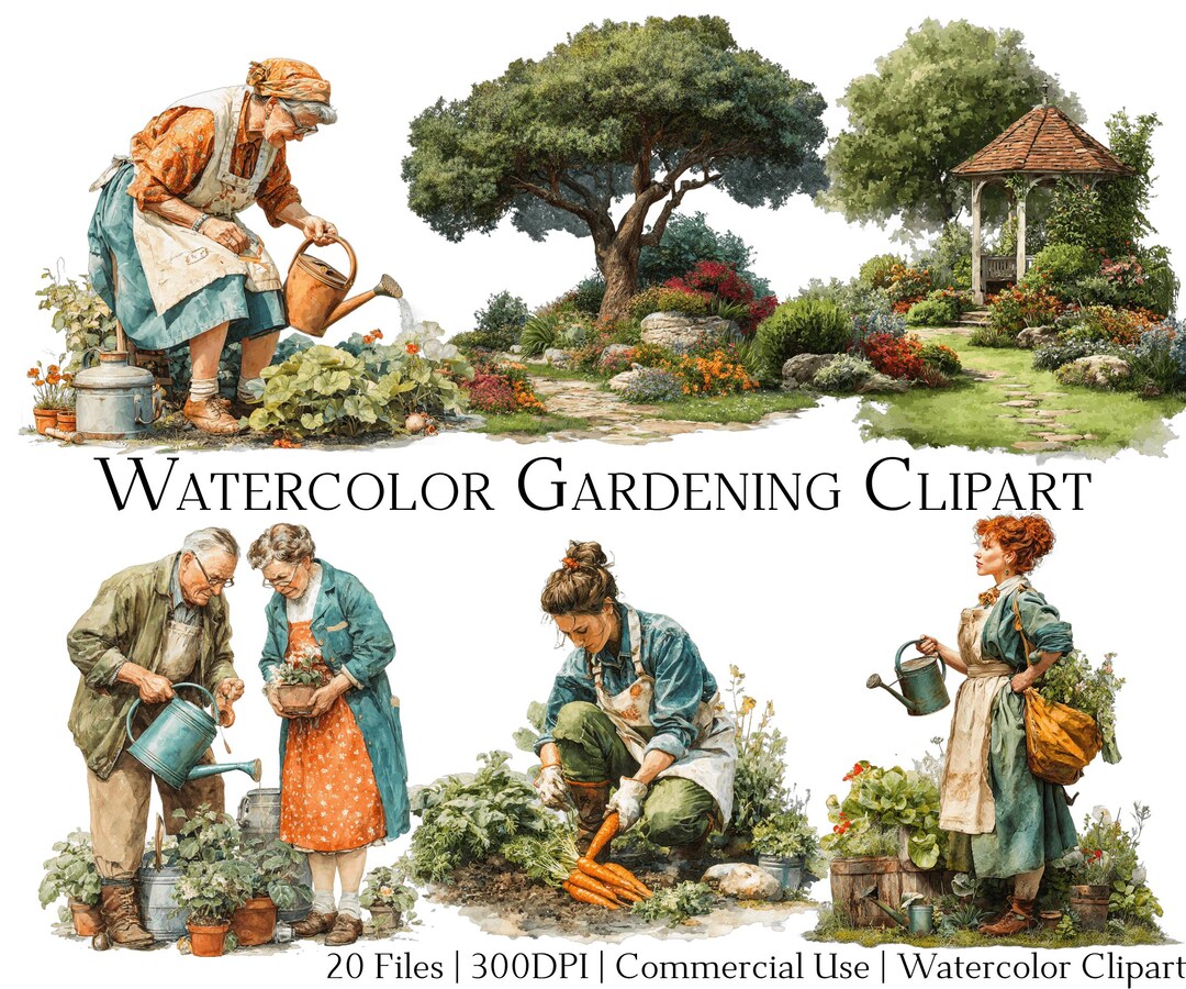 Watercolor Gardening Clipart Set: Commercial Use PNG & PDF (digital ...