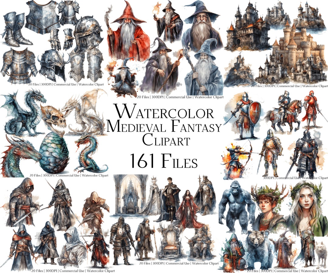 Watercolor Medieval Fantasy Clipart Set of 161 Files With Instant ...