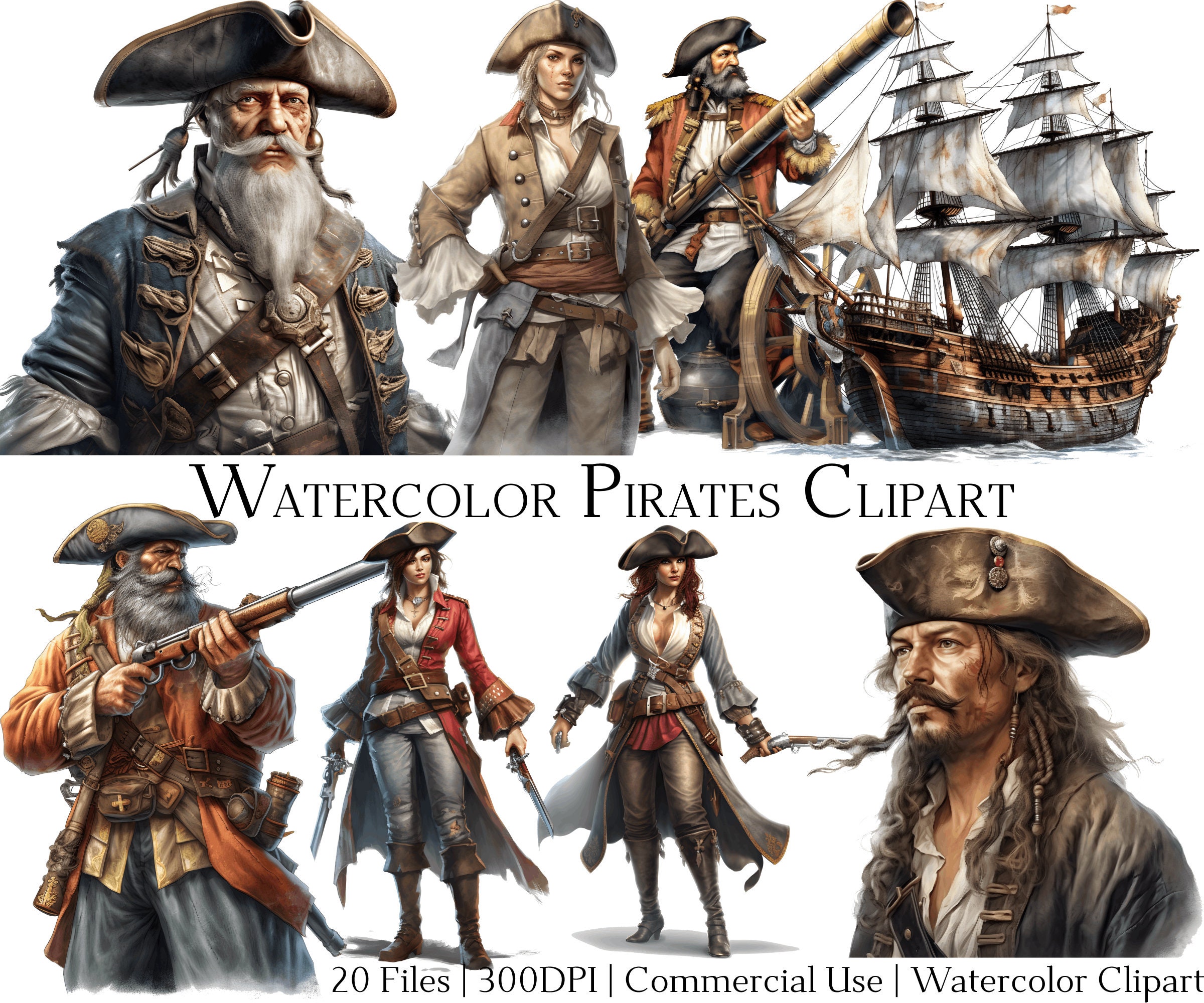 Watercolor Pirates Clipart Set of 20 Files With Instant Download ...