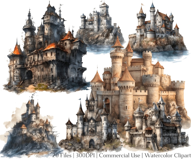 Watercolor Medieval Castle Clipart Set of 21 Files With Instant ...