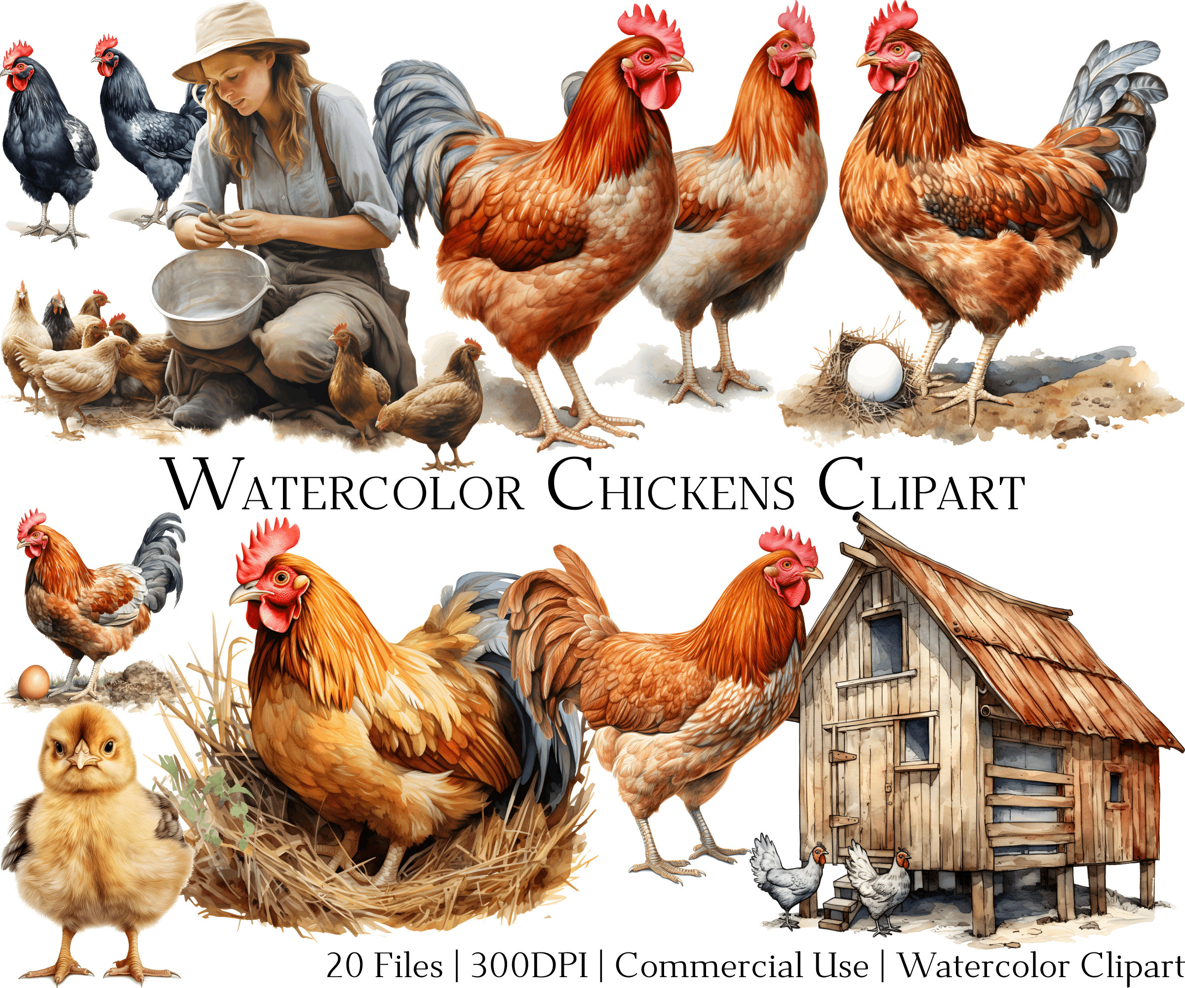 Watercolor Chickens Clipart Set of 20 Files With Instant Download ...
