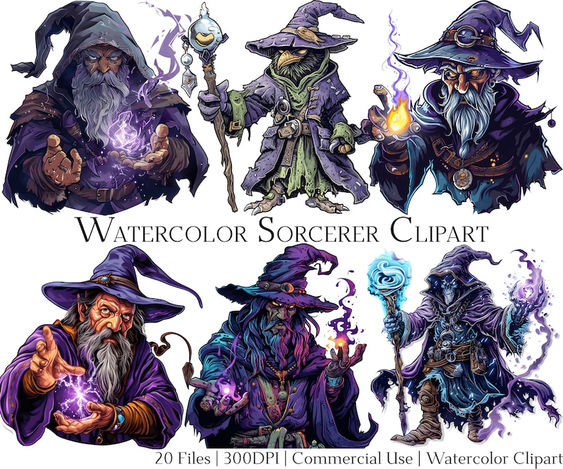 Watercolor Sorcerer Clipart Set: Magic Wizard Graphics (PNG + PDF) - Etsy