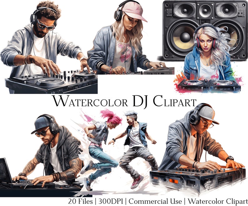 Watercolor DJ Clipart Set: Music Party Illustrations (PNG + PDF) - Etsy