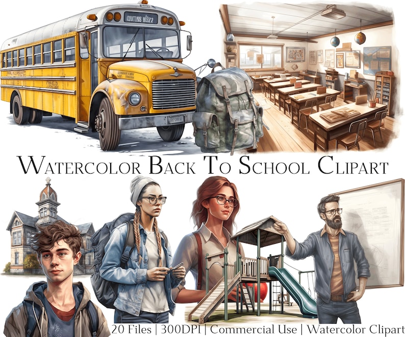 Watercolor Back to School Clipart Set of 20 Files With Instant Download ...