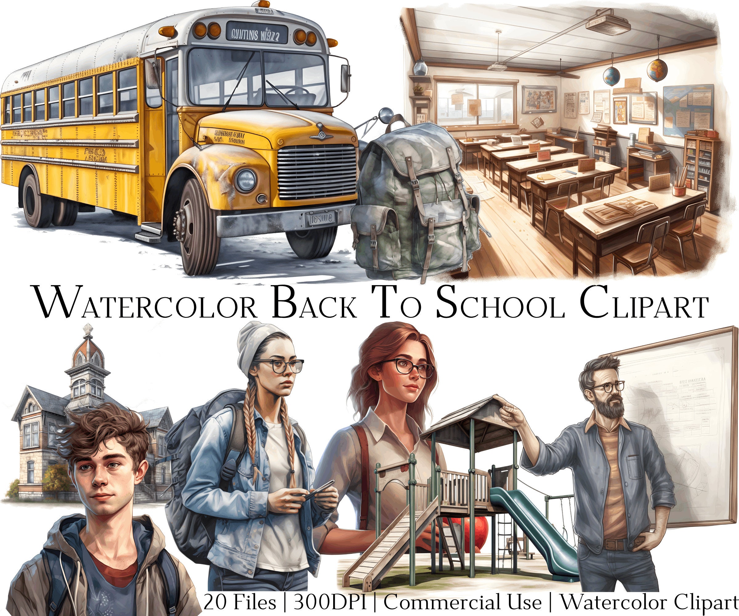 Watercolor Back to School Clipart Set of 20 Files With Instant Download ...
