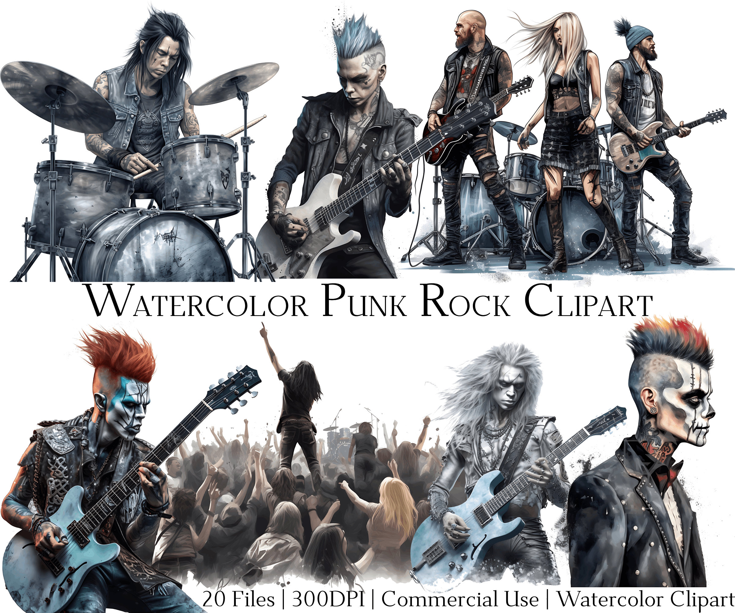 Watercolor Punk Rock Clipart Set of 20 Files With Instant Download & Commercial Use, PNG + PDF ...