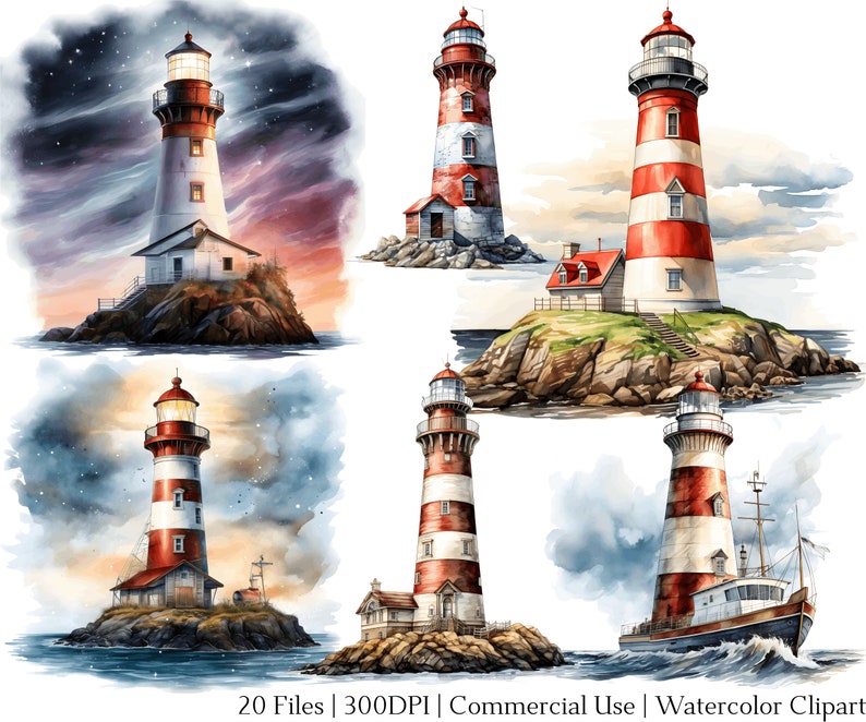 Watercolor Lighthouse Clipart Set of 20 Files With Instant Download ...