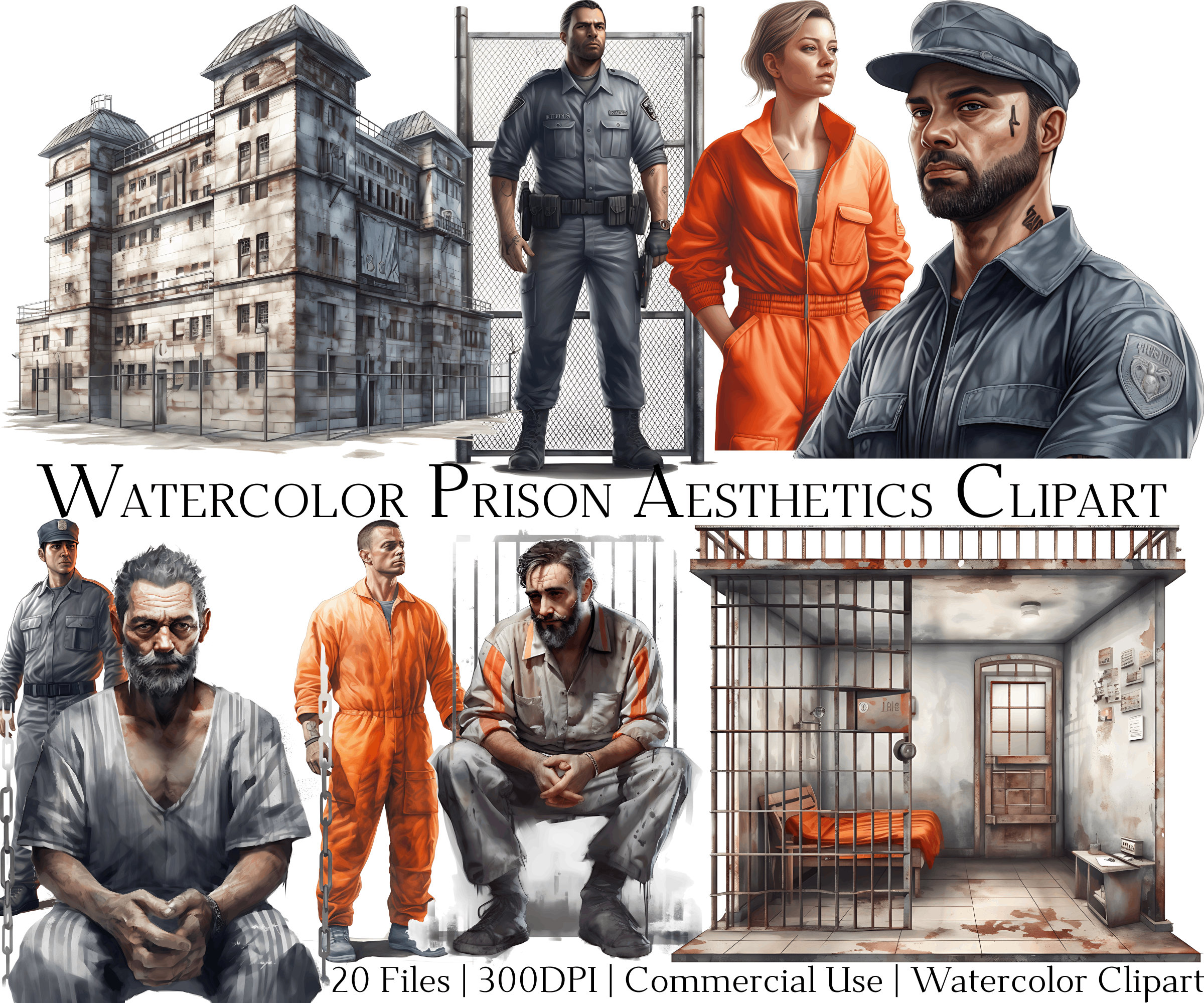 Watercolor Prison Clipart Set: Crime & Justice Illustrations (PNG + PDF ...