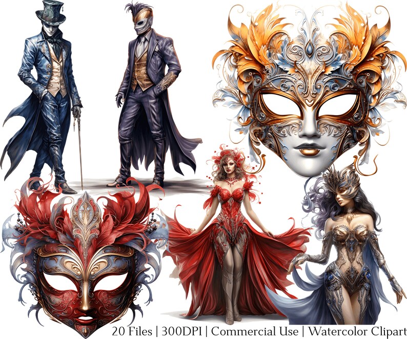 Watercolor Masquerade Clipart Set: Elegant Masks, Carnival Designs (PNG ...