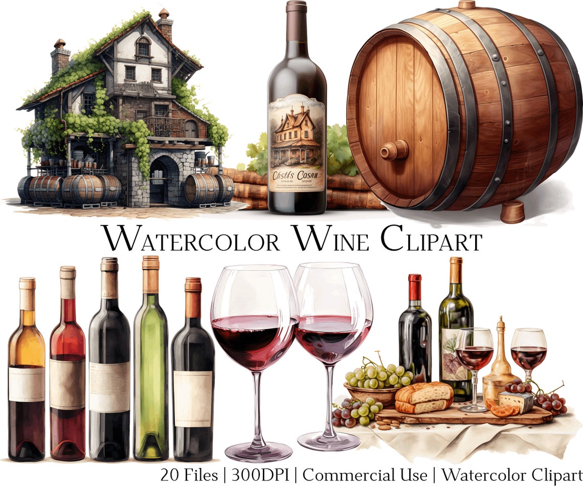 Watercolor Wine Clipart Set of 20 Files With Instant Download ...