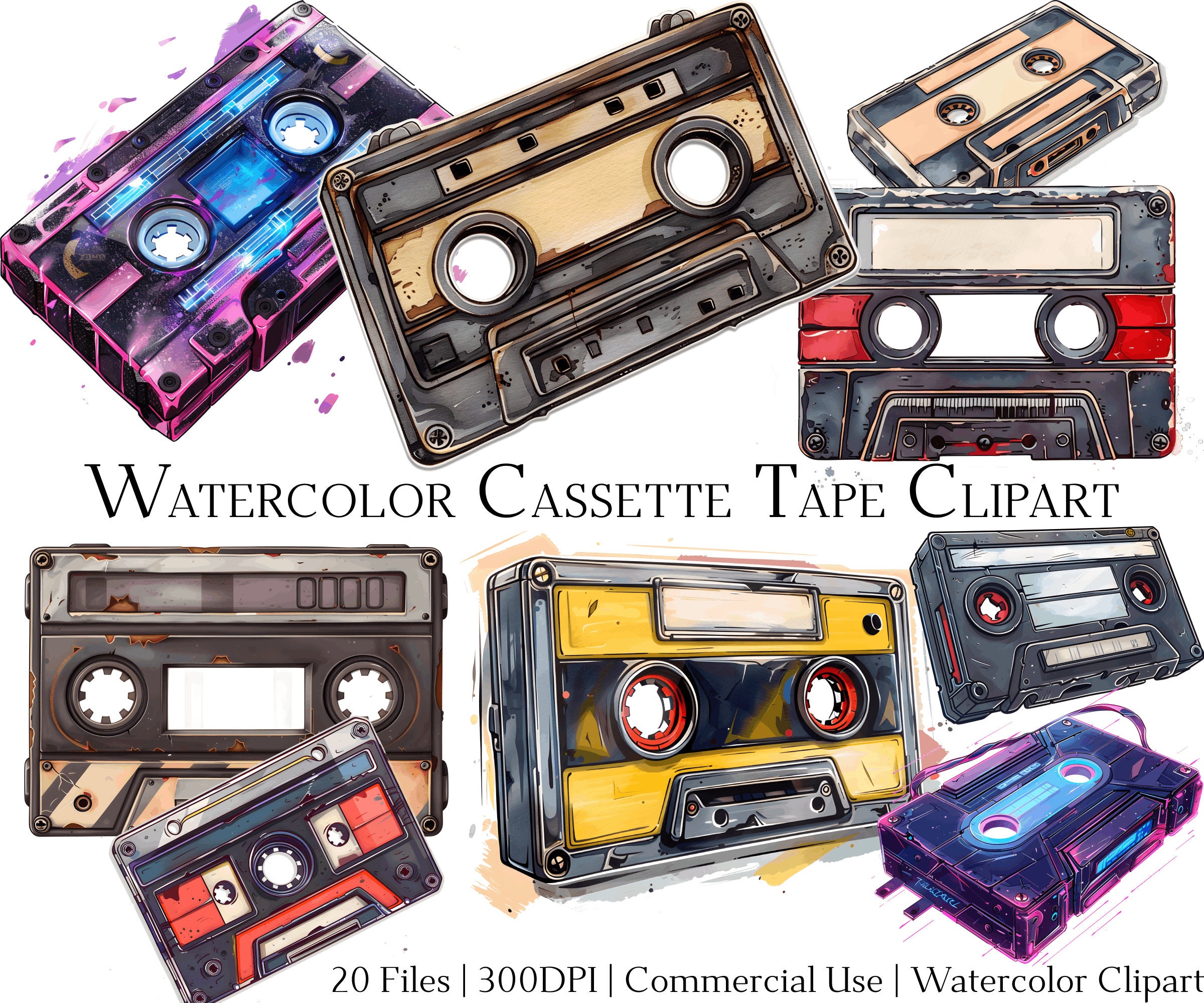 Watercolor Cassette Tapes Clipart Set of 20 Files With Instant Download ...