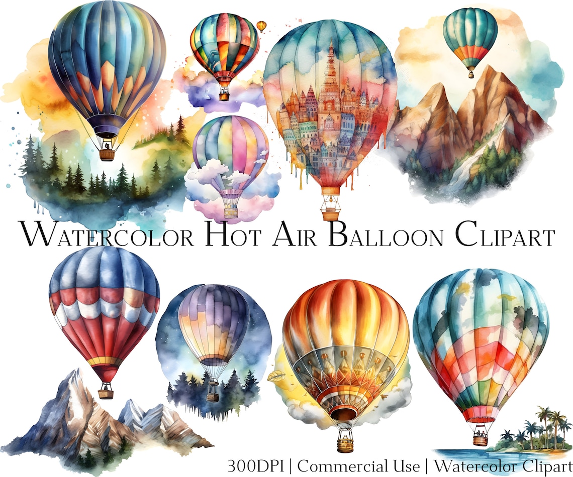 Watercolor Hot Air Balloon Clipart Set of 20 Files With Instant ...