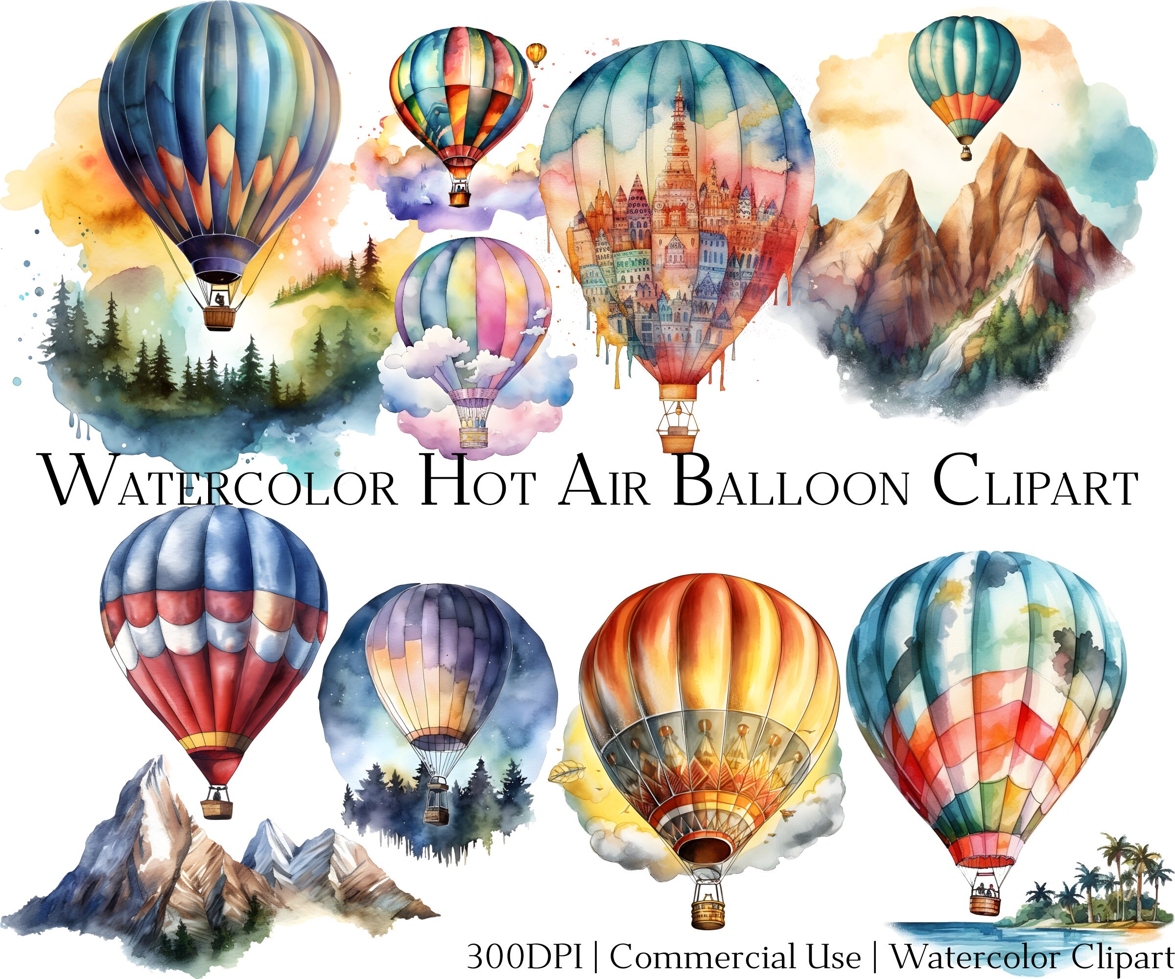 Watercolor Hot Air Balloon Clipart Set of 20 Files With Instant ...