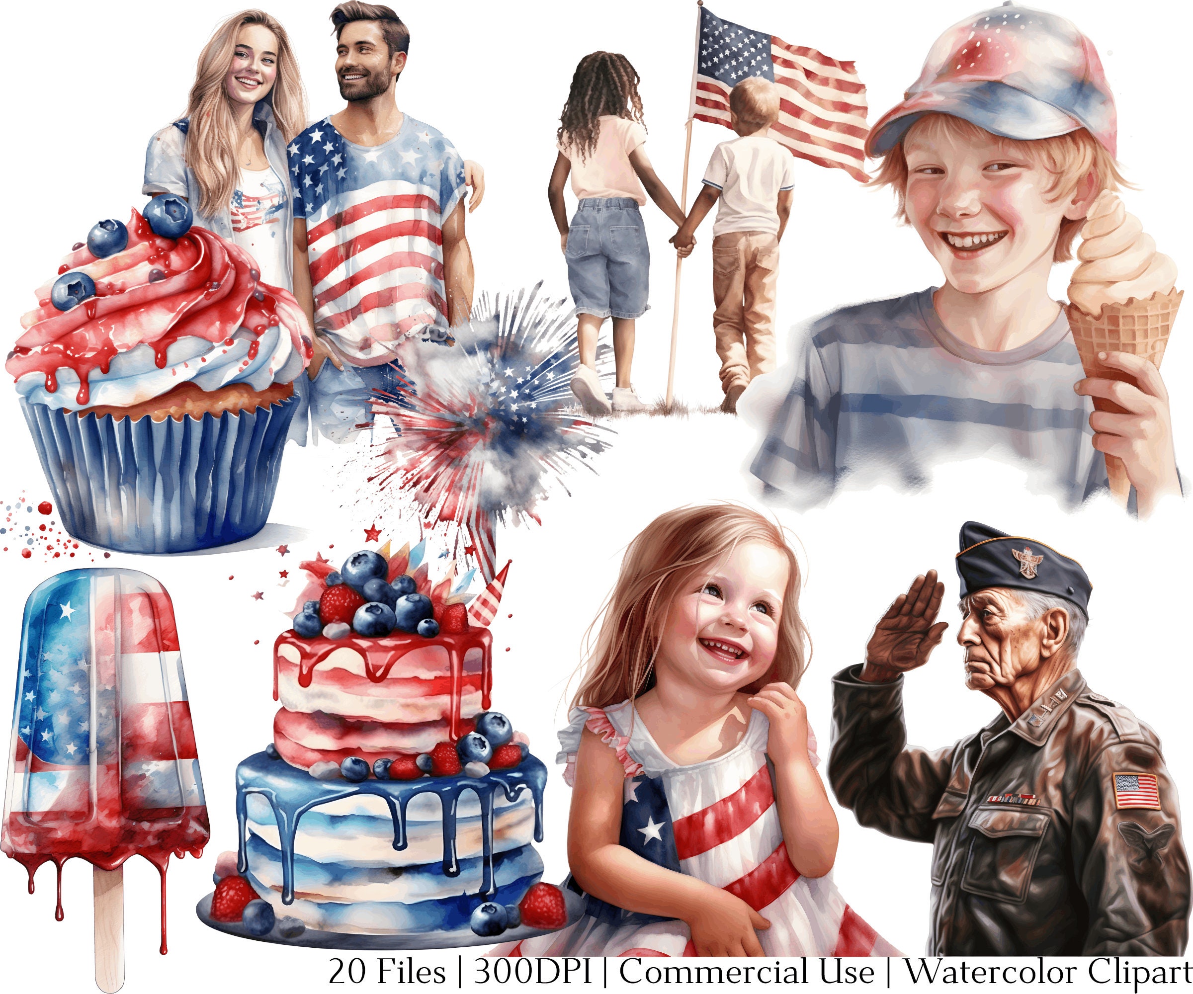 Watercolor Fourth of July Clipart Set of 20 Files With Instant Download ...