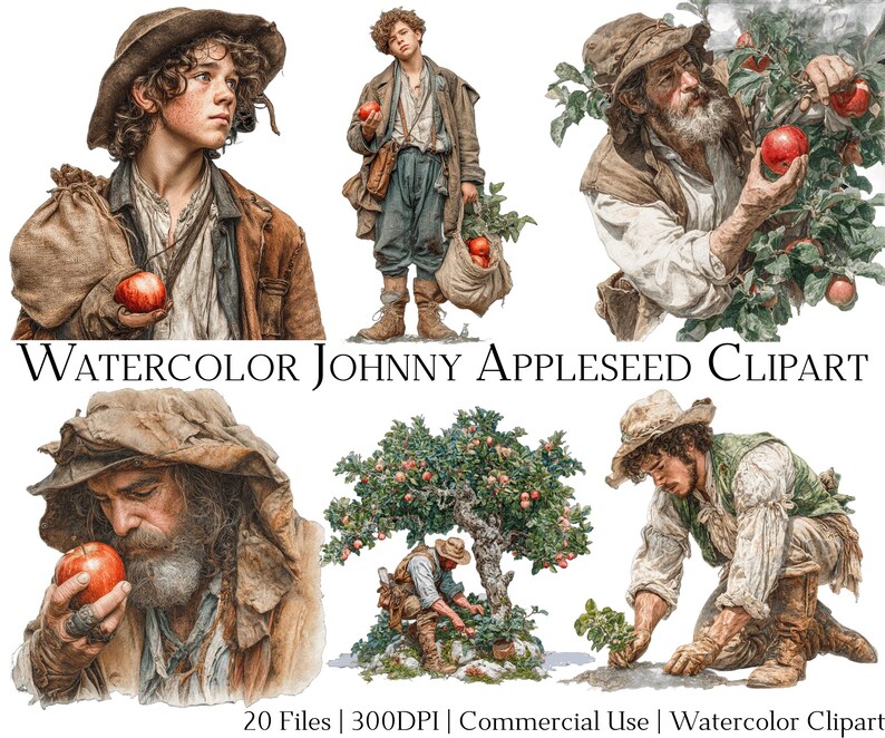 Watercolor Johnny Appleseed Clipart Set: Commercial Use PNG & PDF ...