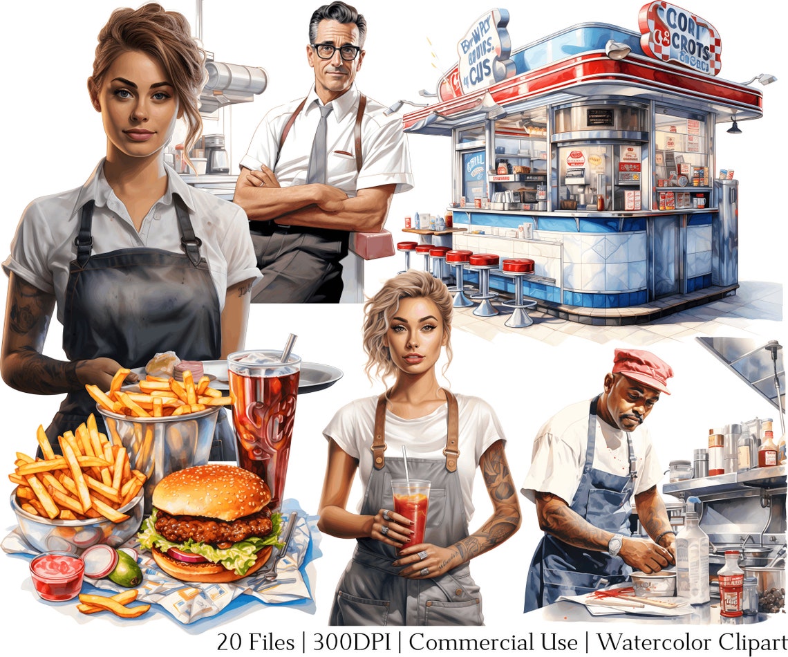 Watercolor Retro Diner Clipart Set of 20 Files With Instant Download ...