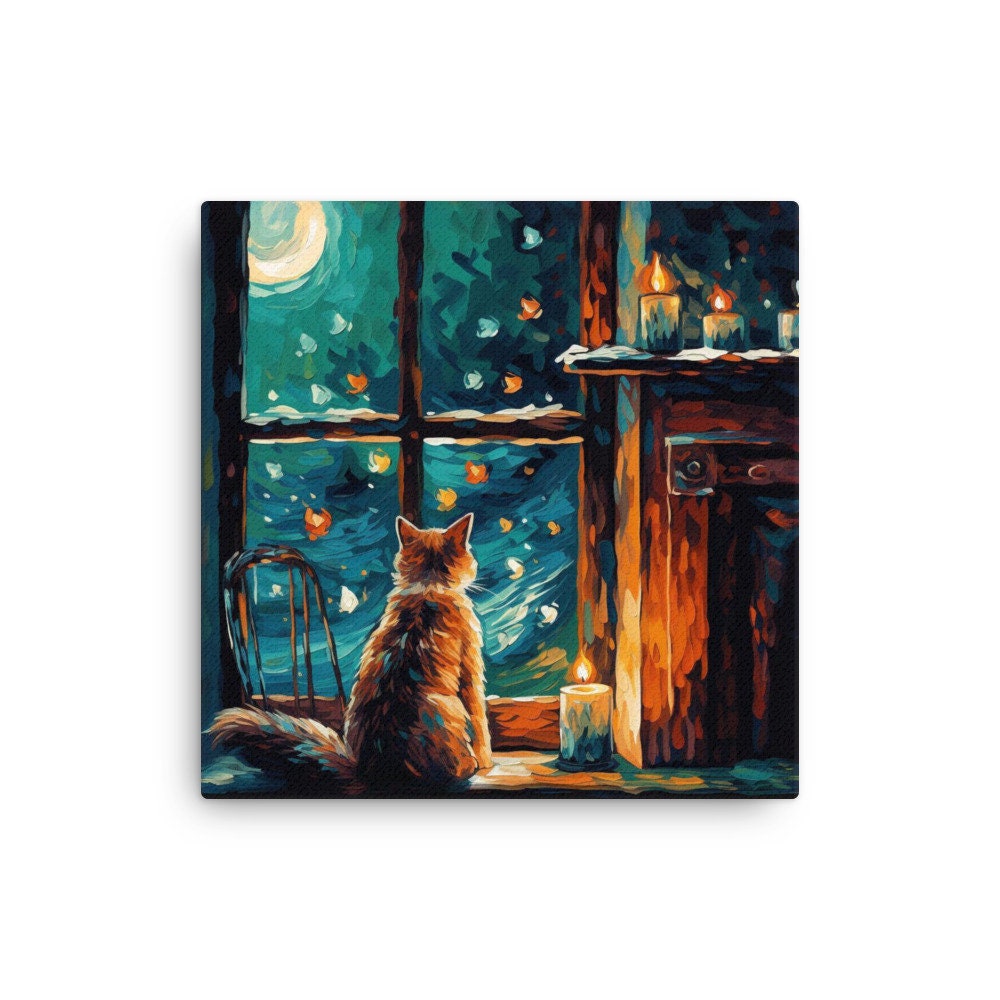 Snow Day Cat in Window by Fireplace Winter Cat Full Moon Night by ...
