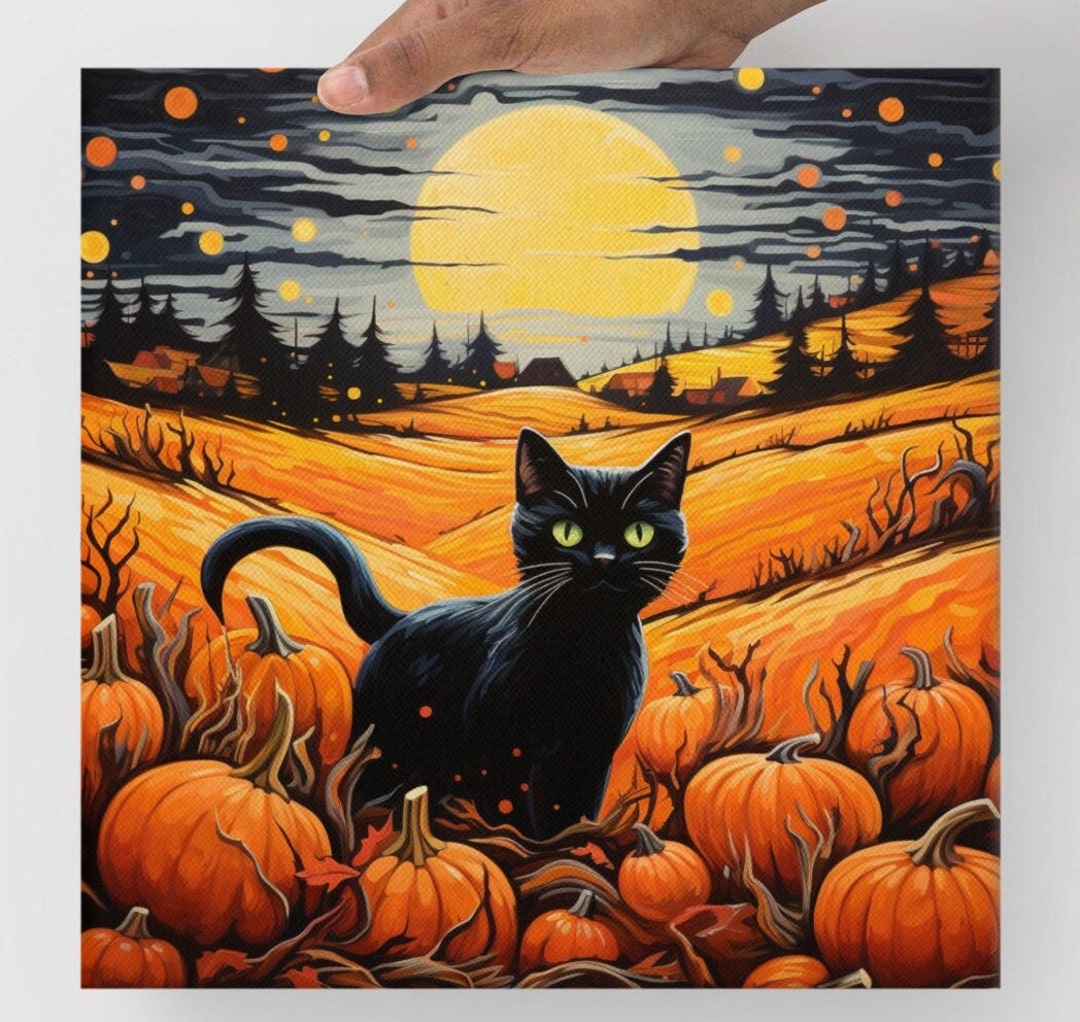Black Cat in a Pumpkin Patch Autumn Halloween Fall Decor. Cat Art 12x12 ...