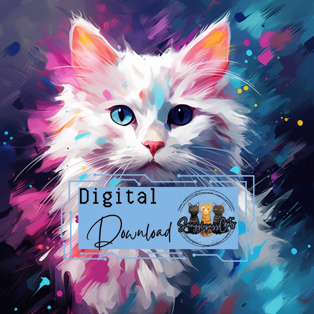White Cat Abstract Art, Wall Art for Cat Lovers, Blue Eyes Fluffy Cat ...