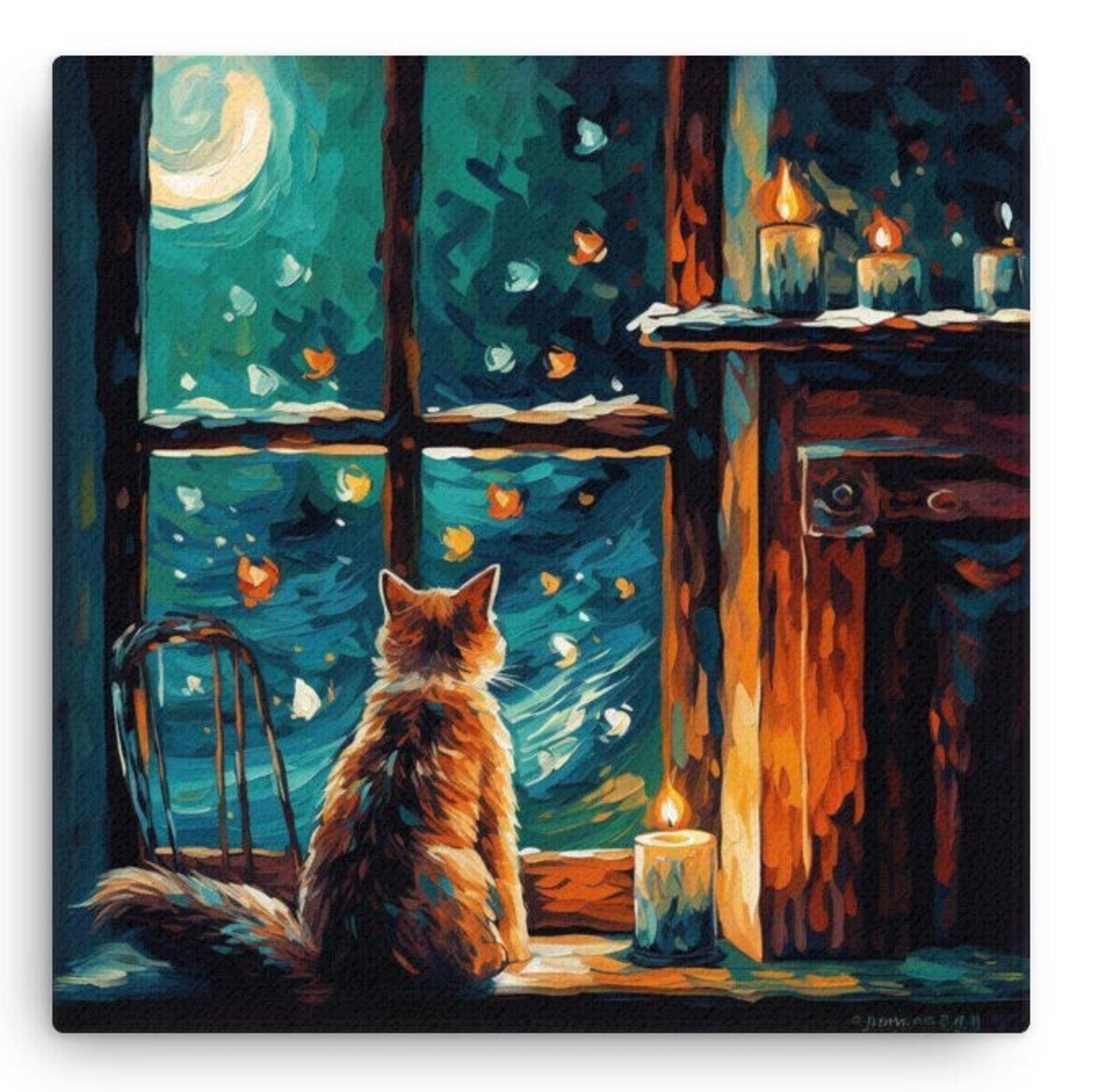 Snow Day Cat in Window by Fireplace Winter Cat Full Moon Night by ...