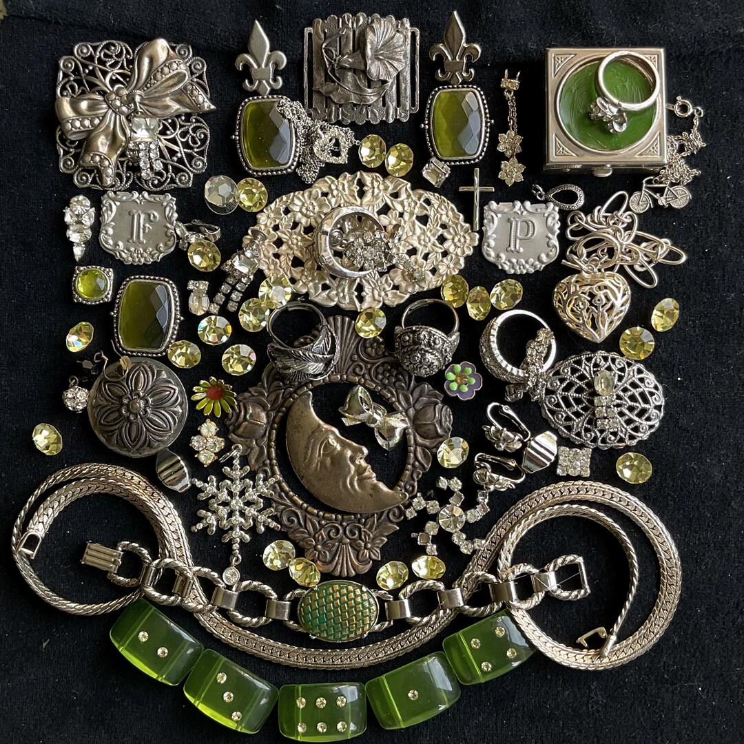 Jewelry Lot of Vintage Silver Toned Metal, Rhinestones Craft Jewelry ...