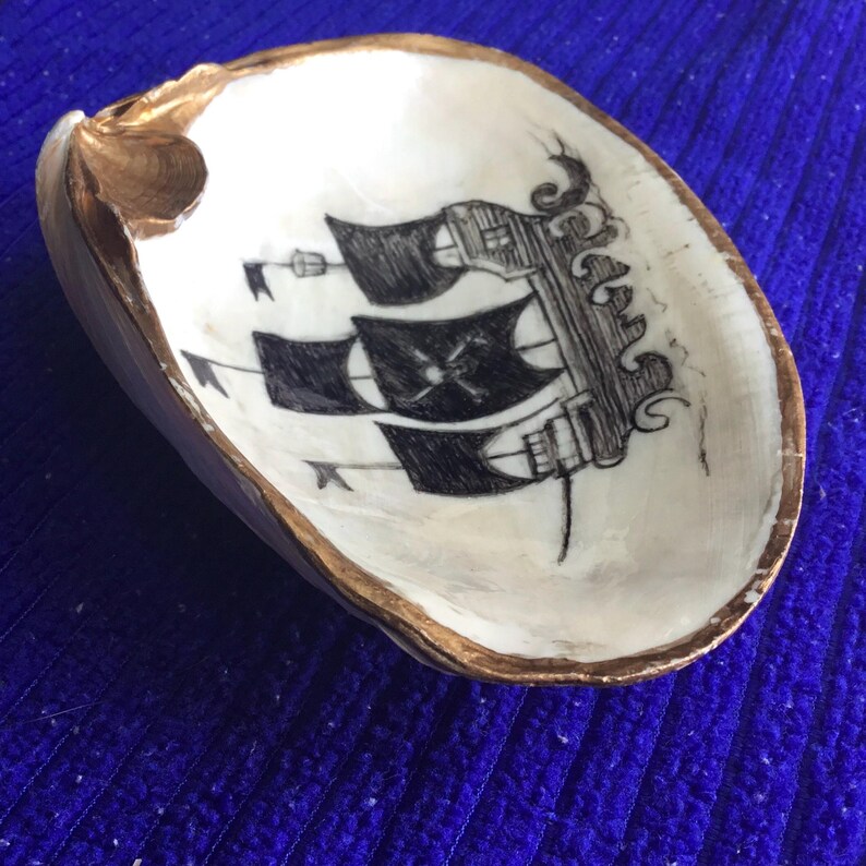 Hand-painted Seashell: Pirate Ship Pen & Ink Nautical Decor - Etsy
