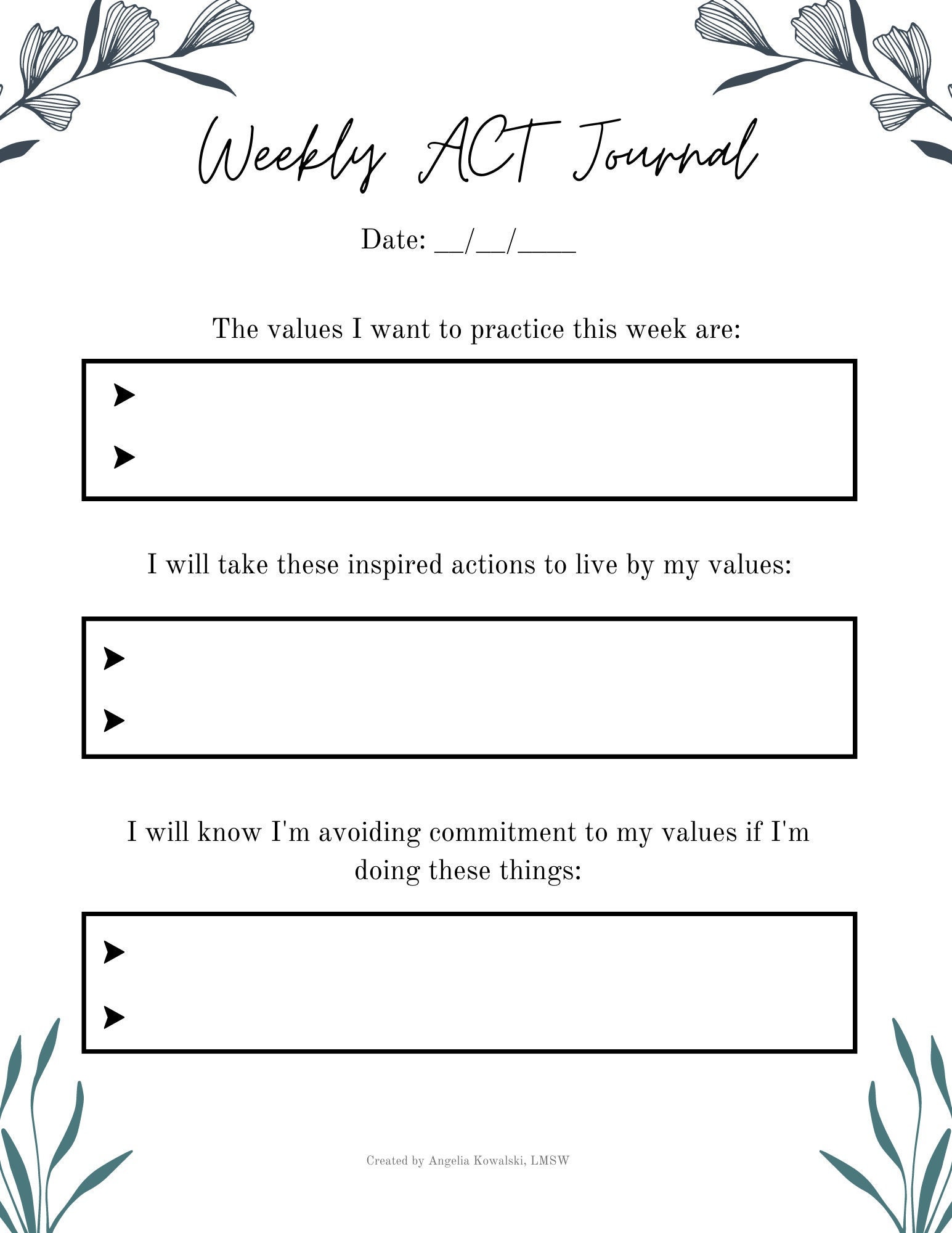 Weekly Acceptance and Commitment Therapy Journal Page - Etsy