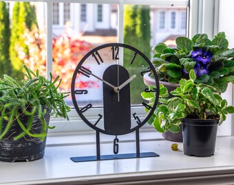 Black Table Clock With Wood Details, Classic Small Round Clock, Silent ...
