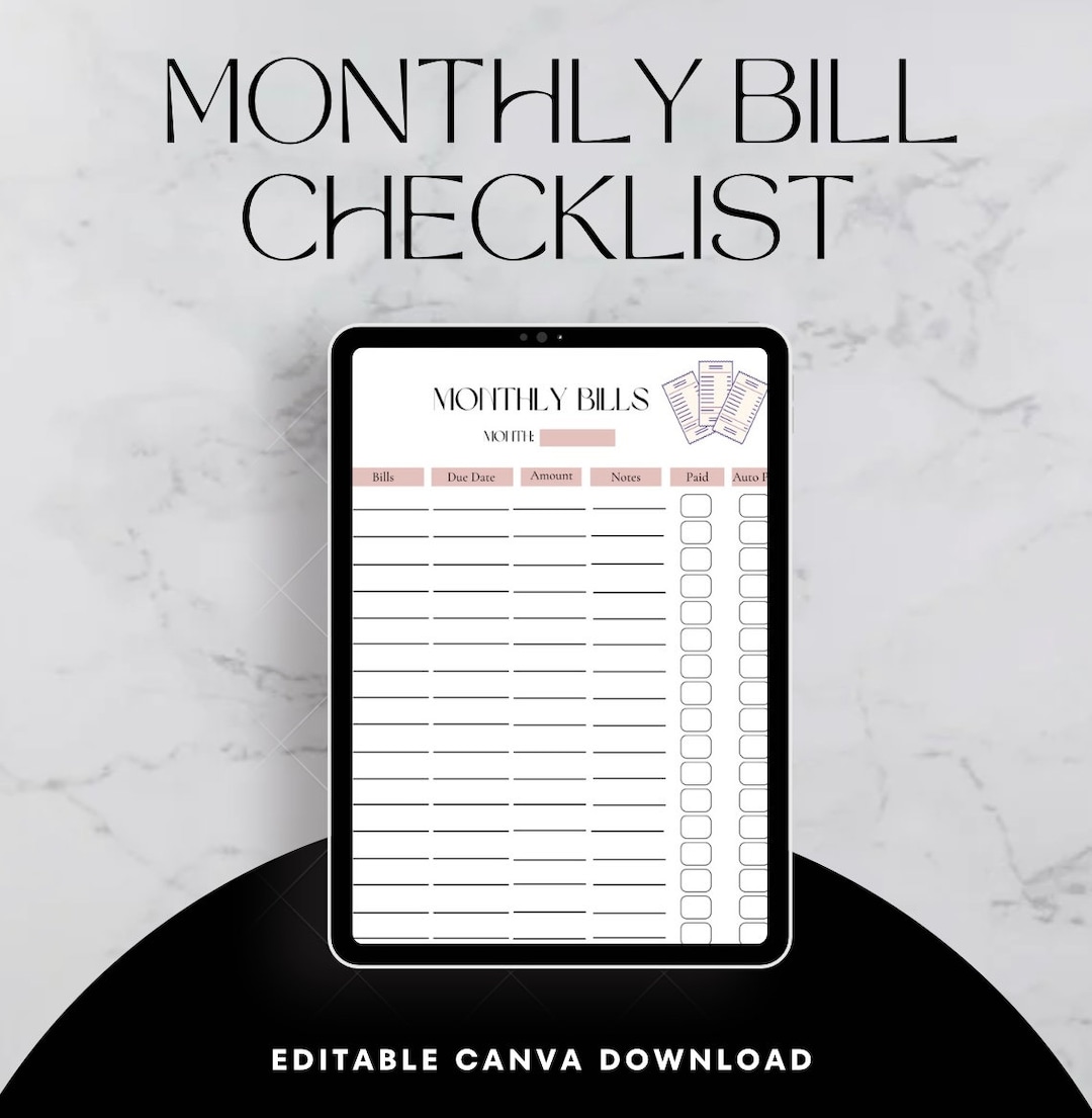 Digital Monthly Bill Checklist, Finances, Track Bills, Checklist - Etsy